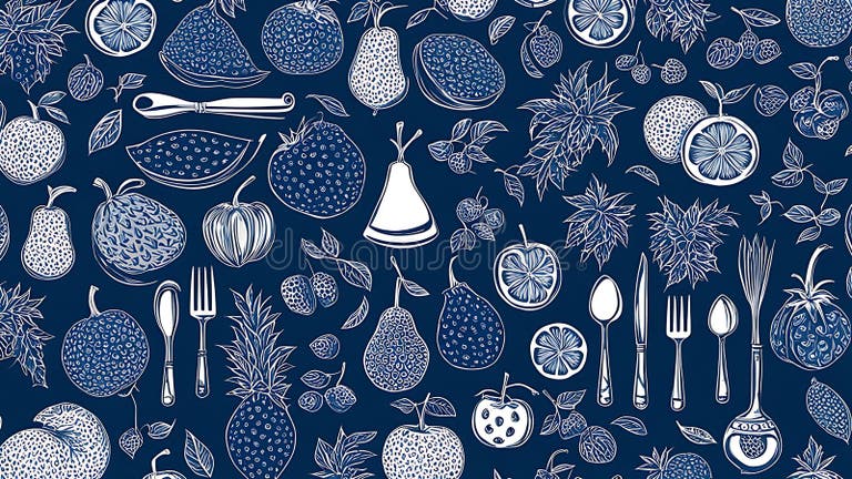 Wallpaper Featuring a Pattern of Fruits and Kitchen Ware Stock ...
