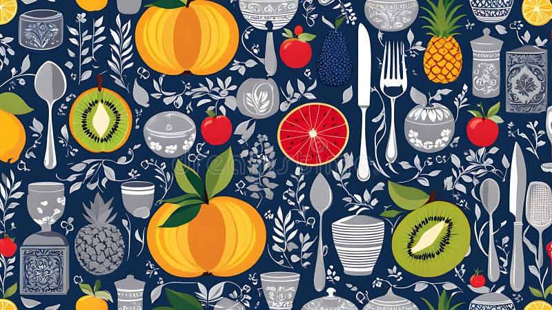 Wallpaper Featuring a Pattern of Fruits and Kitchen Ware Stock ...
