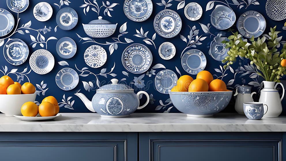 Wallpaper Featuring a Pattern of Fruits and Kitchen Ware Stock ...