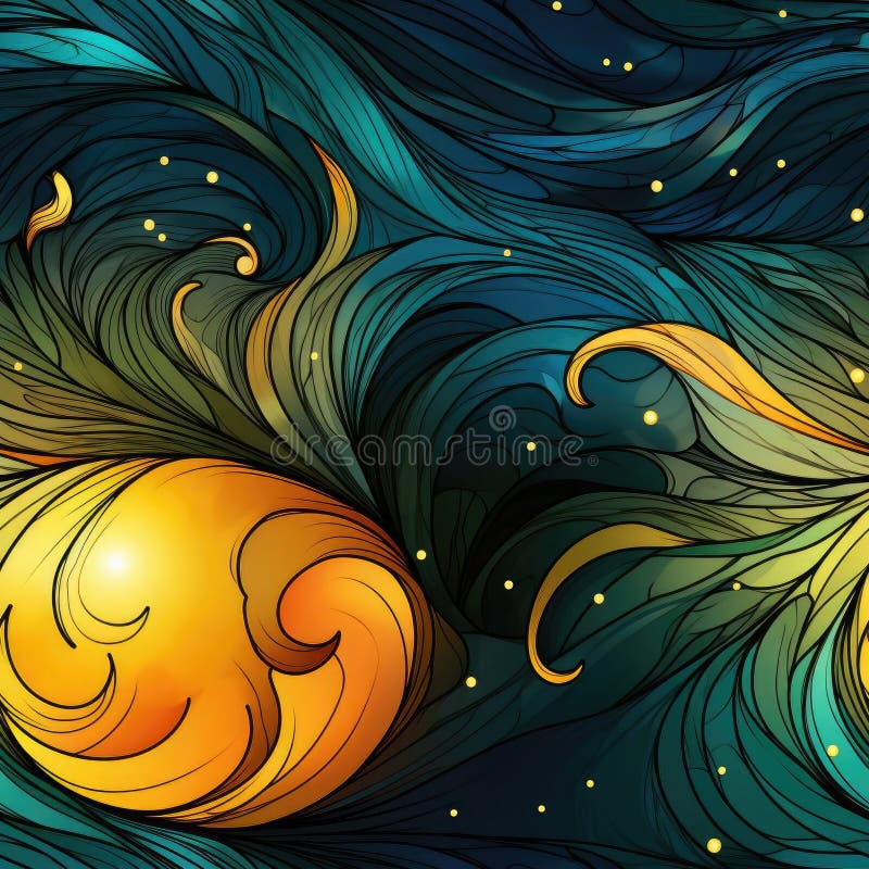 Wallpaper Featuring a Sun with Swirls and Luminous Spheres (tiled ...