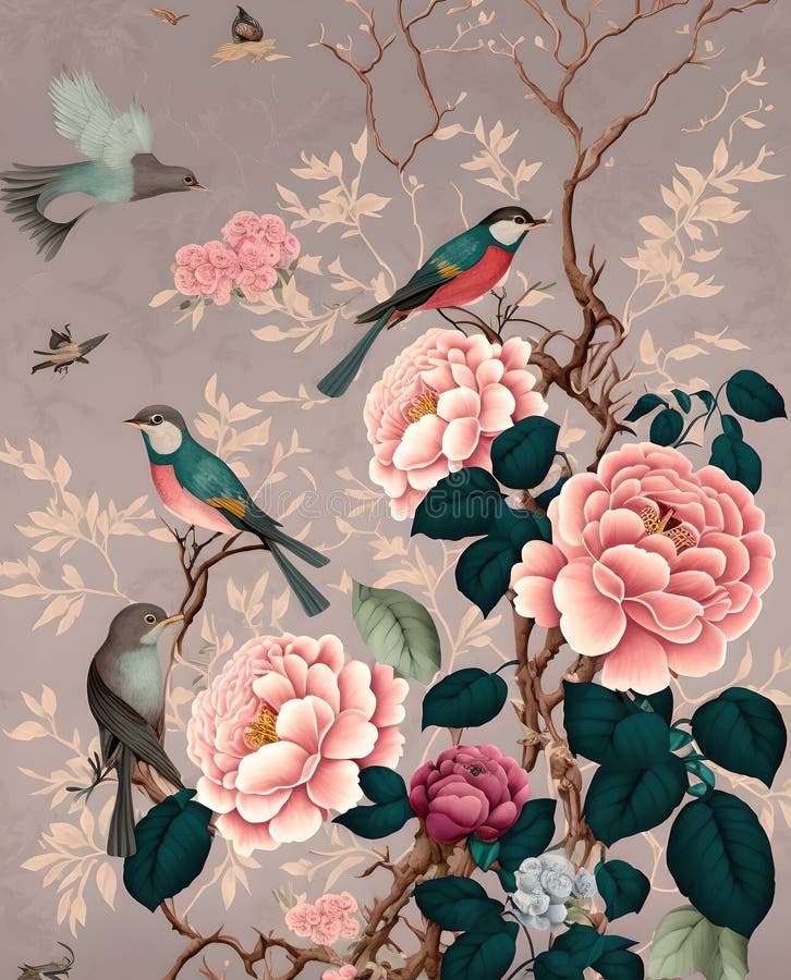 Wallpaper for the Flowers Forest and Roses with Branches and Birds in ...