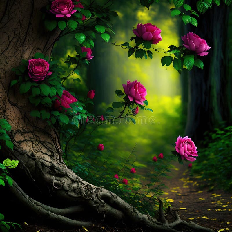 Wallpaper for the Flowers Forest and Roses with Branches and Birds in ...