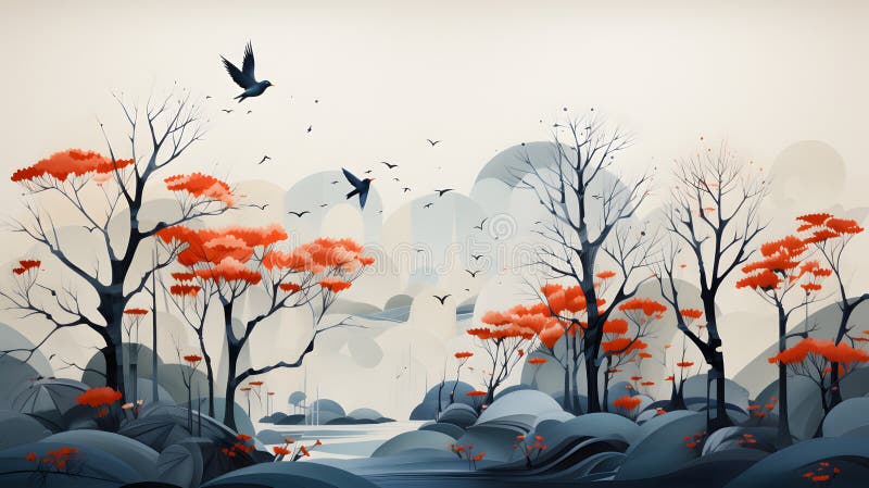 Wallpaper of a Forest of Trees with Cranes Stock Illustration ...