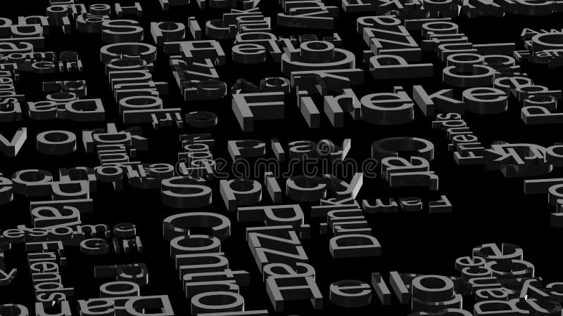 Wallpaper Gray Text Random Words on a Dark Black Background. Rain of Letters Dictionary 3d ...