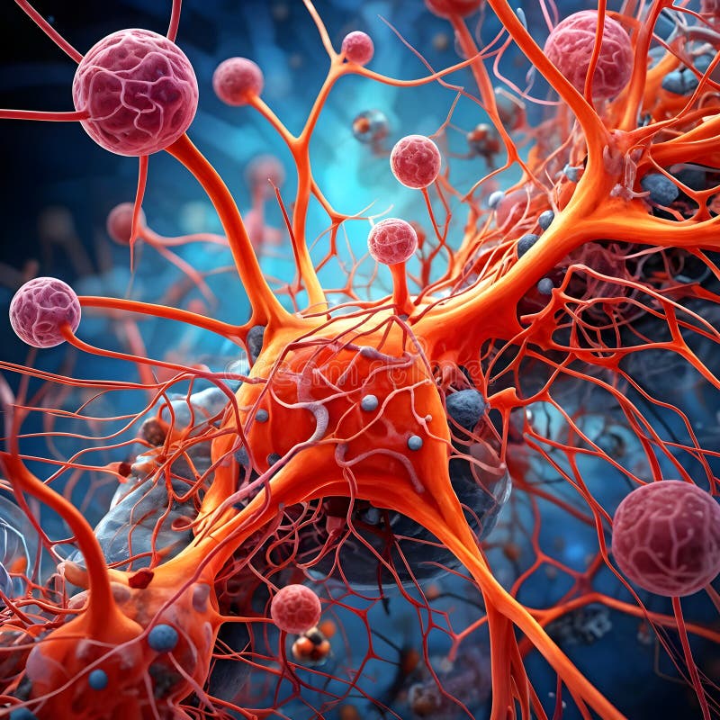 Abstract Microscopic View on Nerve Cells Intermingled with Cancer Cell Stock Illustration ...