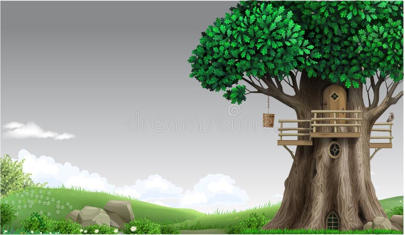 Wallpaper Landscape with a Fabulous Oak Tree Stock Illustration ...
