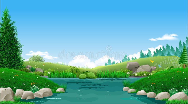 Wallpaper Landscape with Lake Stream Stock Illustration - Illustration ...