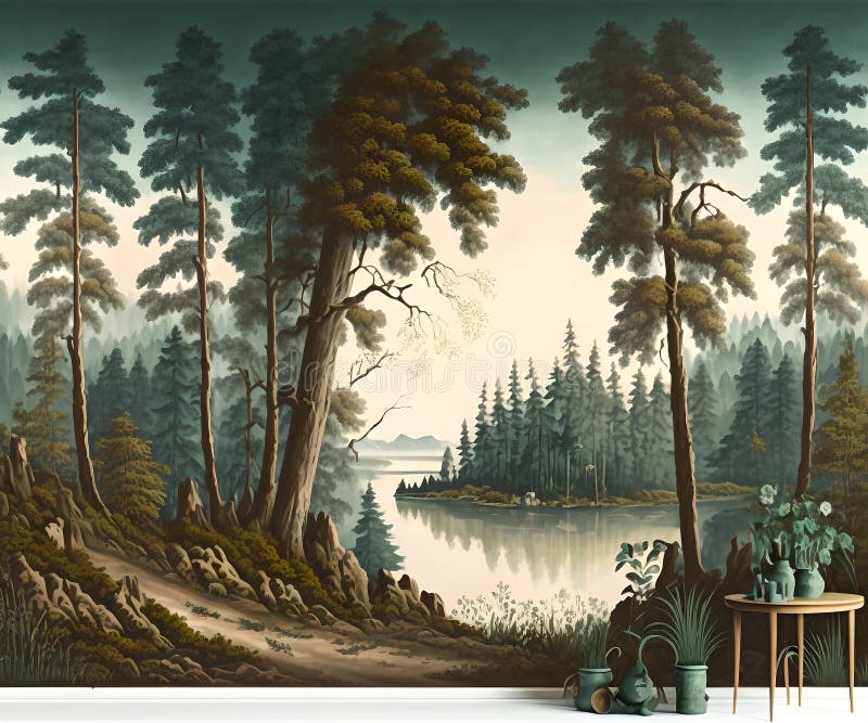 Wallpaper Painted in Vintage Colors a Landscape Stock Illustration ...