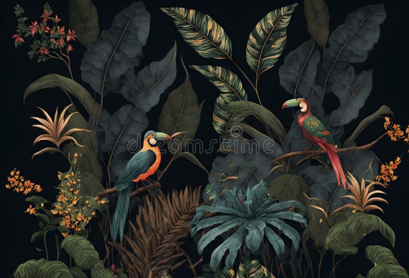 Wallpaper Palm Tropical Forest Vintage Jungle Pattern Stock ...