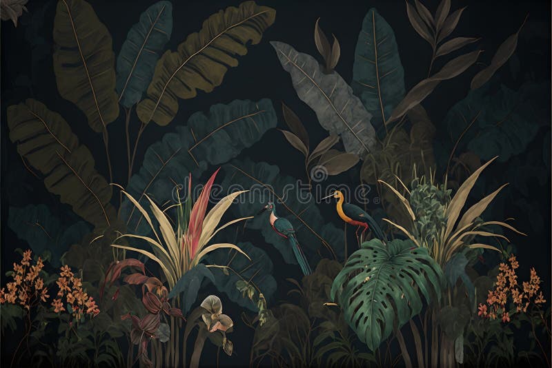 Wallpaper Palm Tropical Forest Vintage Jungle Pattern Stock Image ...