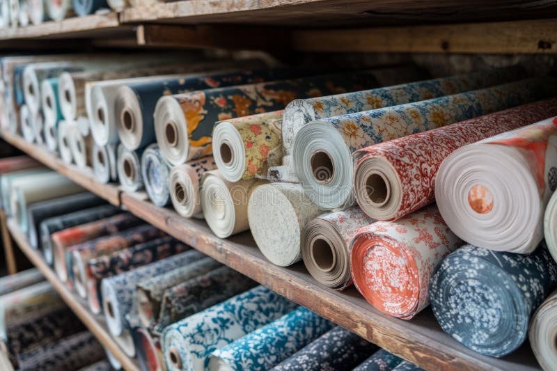 Wallpaper Rolls with Diverse Patterns and Colors Stacked on Shelves ...