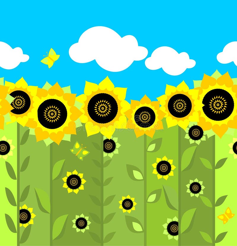 Sunflowers Butterfly Sky Cloud Landscape Stock Vector - Illustration of ...