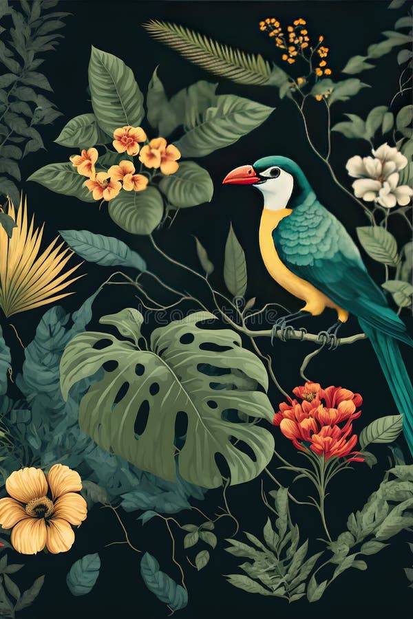 Vintage Jungle Style Wallpaper with Birds Plants and Flowers Stock ...