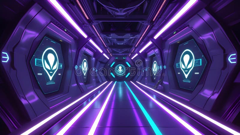 Futuristic Corridor with Glowing Neon Lights in Purple and Blue Hues ...