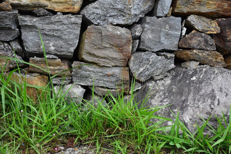 Walls of Natural Stone with Green Grass Stock Photo - Image of texture ...