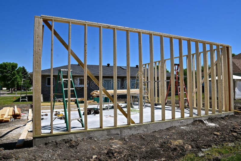 The Walls of a New Garage are Being Framed at a New Construction Site ...
