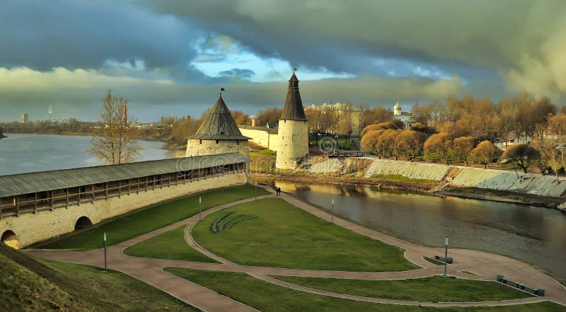 The Walls of Old Kremlin of Pskov, Russia. Stock Image - Image of gray ...