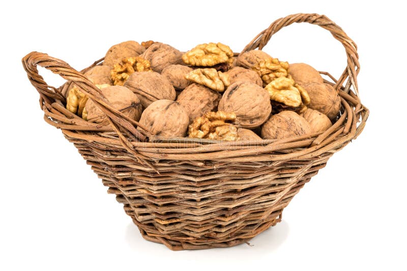 Walnut in a Basket Isolated Over White Background. Stock Image - Image ...