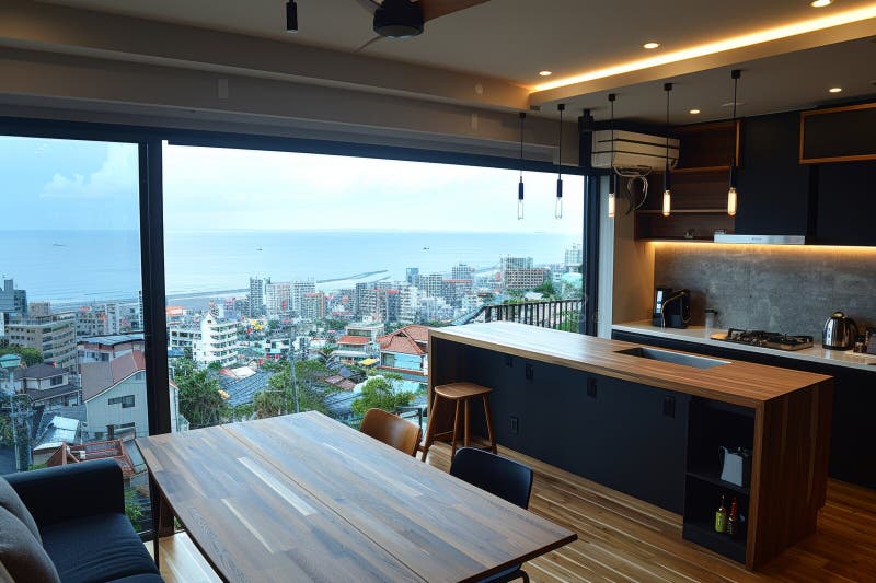 Walnut Dining Table with a View of the Ocean in the Background Stock ...