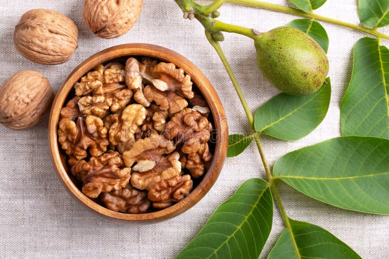 Walnut Halves, Shelled and Dried Kernels, in a Wooden Bowl on Linen ...