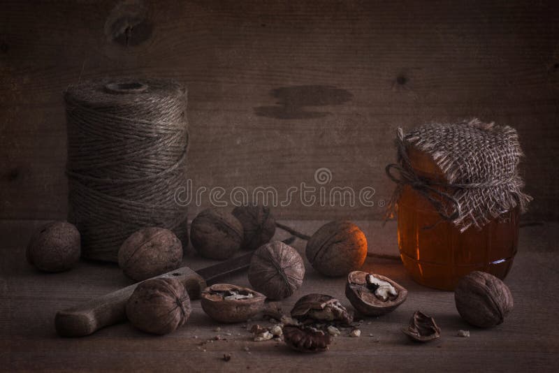 Walnut with Honey.Still Life of Honey and Nuts. Wood Surface Stock ...