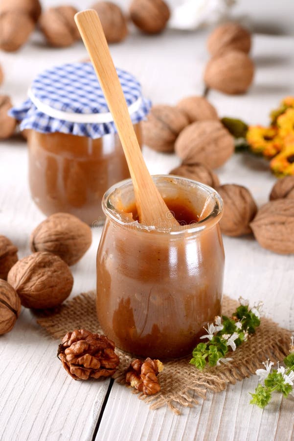 Walnut jam in jar stock image. Image of homemade, walnut - 57691915