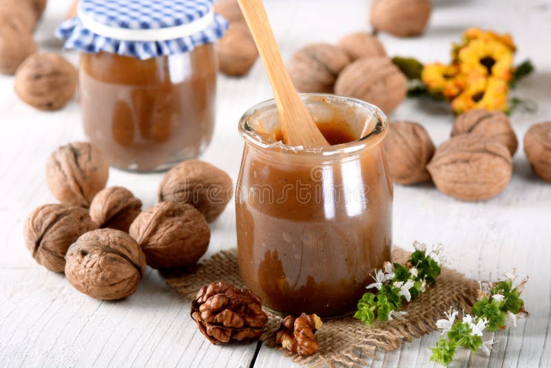 Walnut jam in jar stock photo. Image of preserve, organic - 57691964