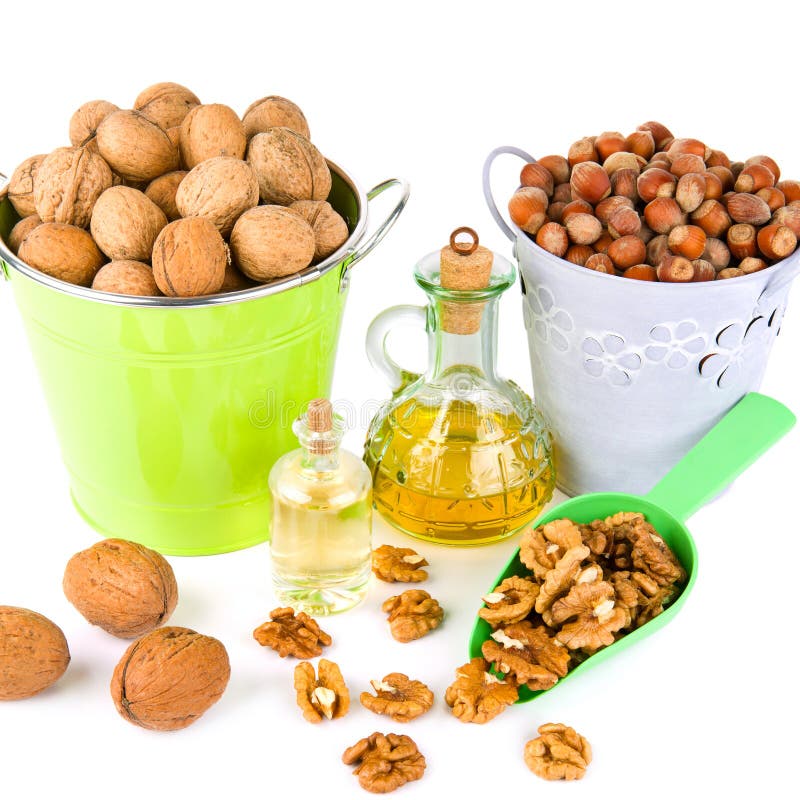 Walnut Oil in a Bottle and Walnut Fruit Isolated on White Stock Image ...