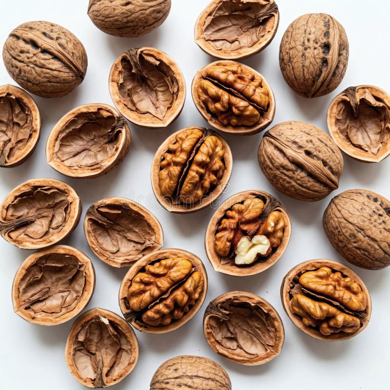 Walnut Kernels and Whole Walnuts on White Background, Top View Stock ...