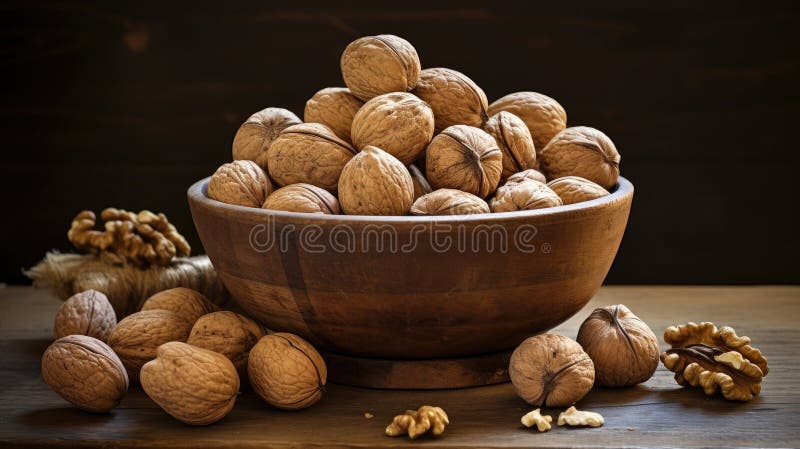 Walnut Kernels and Whole Walnuts on Wooden Background, Front View ...