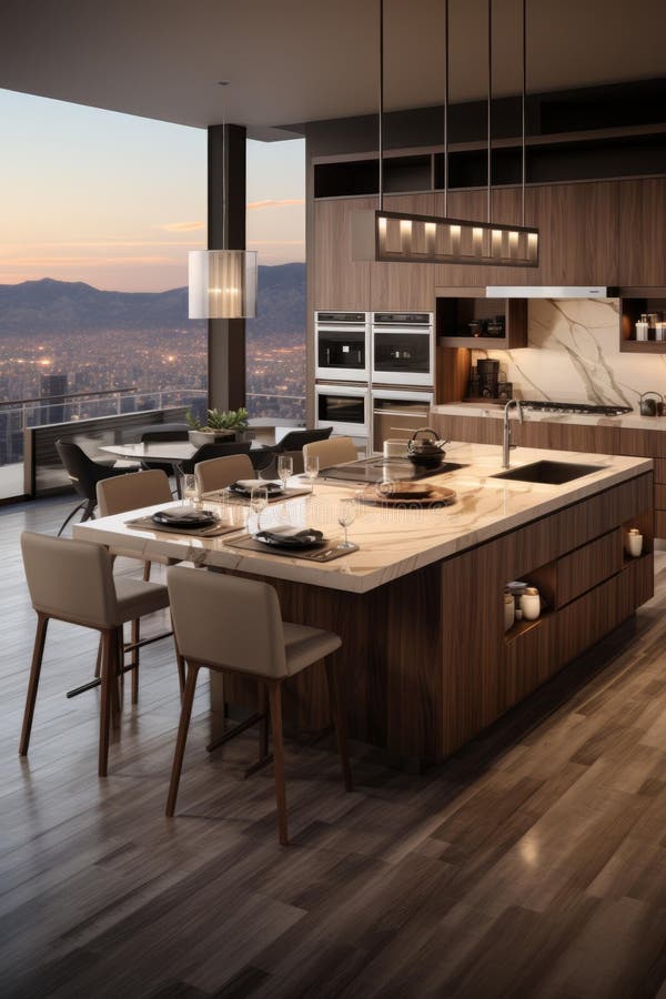 Walnut Kitchen with Island and Skyline View Generated Using AI. Stock ...