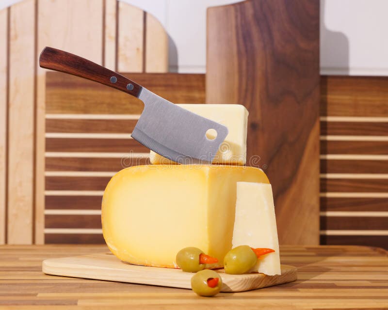 Walnut Maple Cutting Boards Cheese Cheddar Gouda Knife Stock Image ...
