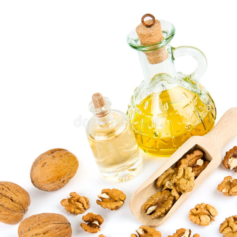 Walnut Oil in a Bottle and Walnut Fruit Isolated on White Stock Image ...