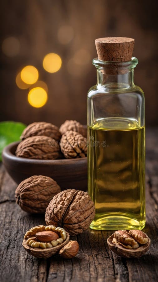 Walnut Oil Bottle with Nuts on Rustic Table. Stock Illustration ...