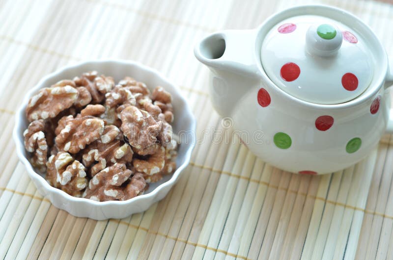 Walnut with a Pot of Tea stock photo. Image of snack - 37893830
