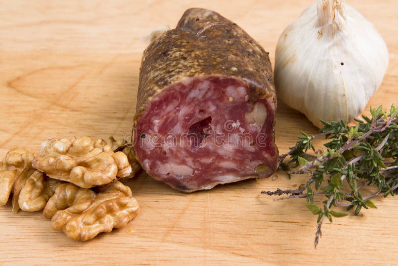 Walnut saucisson stock photo. Image of covered, slices - 62508306