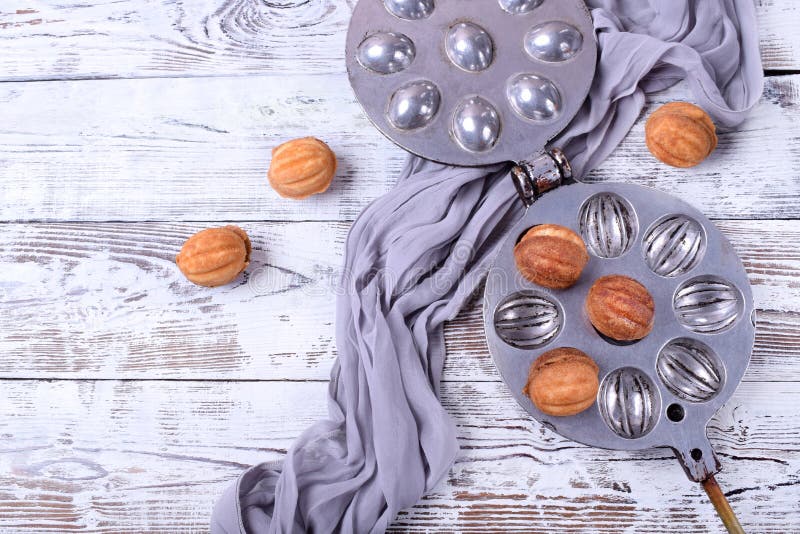 Walnut Shaped Cookies with Caramel in a Special Pan Stock Photo - Image ...