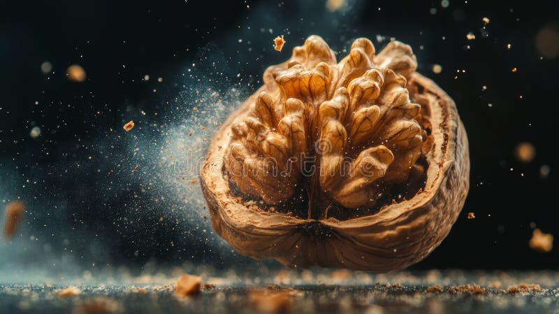 Walnut Shell Bursts Open Releasing Fresh Nut Pieces in a Dramatic ...
