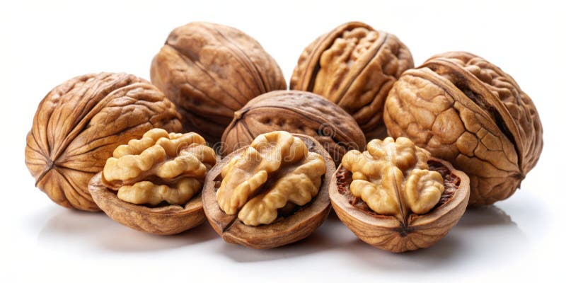 Walnut Shelled and Whole on White Background - Macro Photography Stock ...