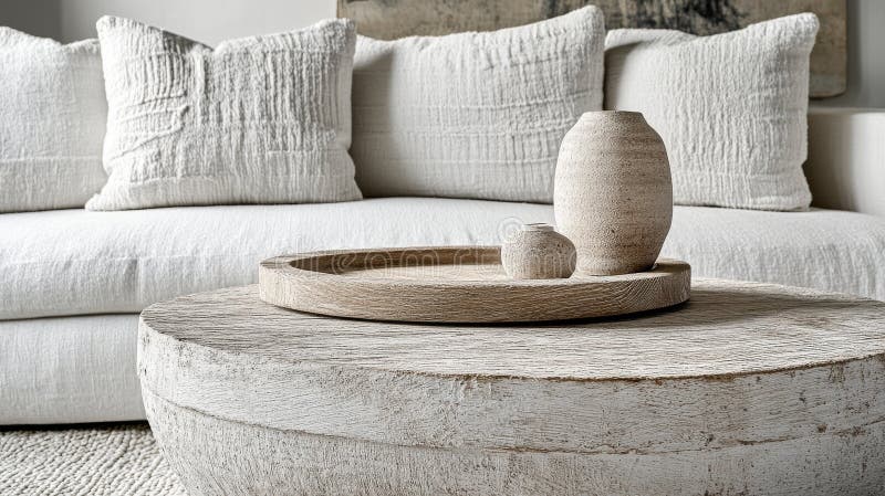 Walnut Side Table Mounted on the Beige Sofa Armrest, Studio Capture ...