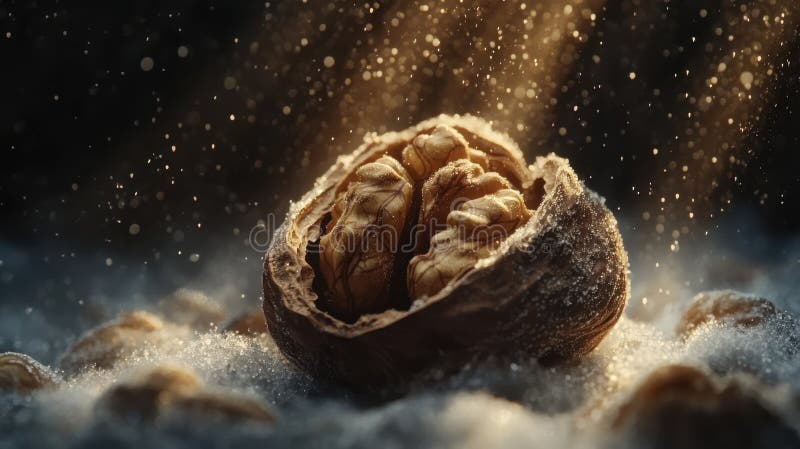 Delicate Walnut Cracking Open Surrounded by Shimmering Particles in a ...