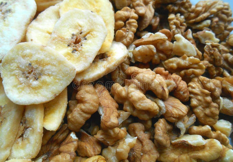 Walnuts and banana chips stock photo. Image of walnuts - 95631034