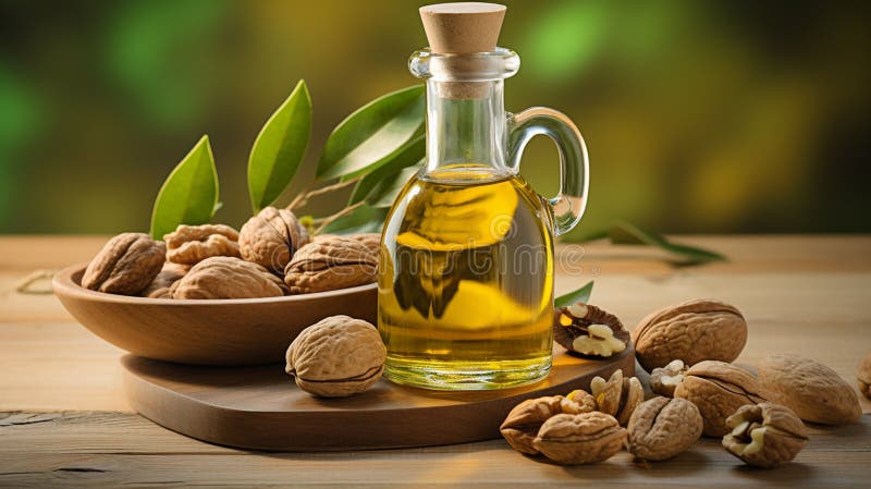Walnuts. Bottle of Essential Nut Oil, Sack of Walnuts.Generative AI ...
