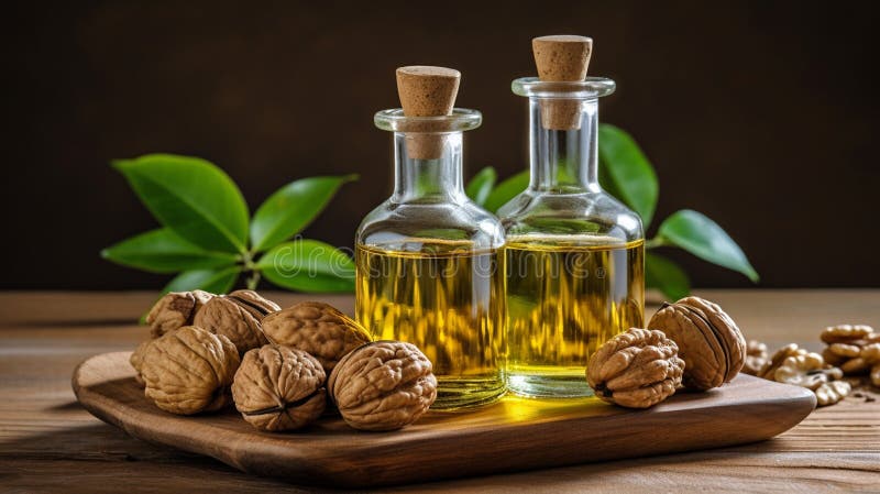 Walnuts. Bottle of Essential Nut Oil, Sack of Walnuts.Generative AI ...
