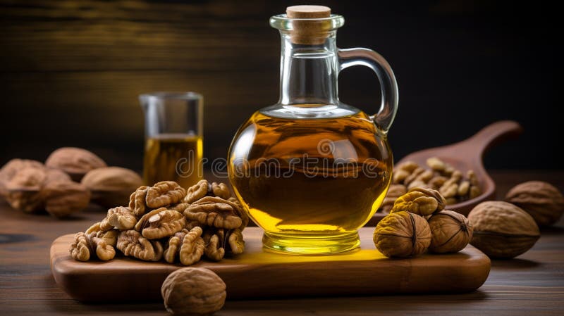 Walnuts. Bottle of Essential Nut Oil, Sack of Walnuts.Generative AI ...