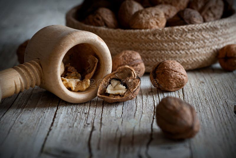 Walnuts Broken Isolated on Table of Rustic Wood Stock Image - Image of ...