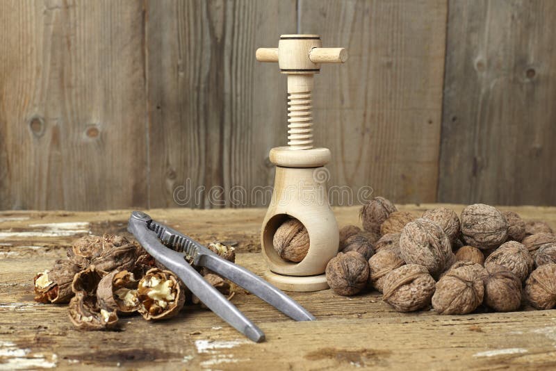 Walnuts Cracked Open with a Wooden Nut Cracker Stock Image - Image of ...