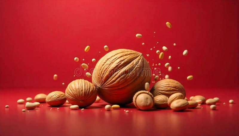 Walnuts and Macadamia Nuts on a Red Surface, Falling Stock Illustration ...