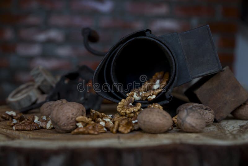 Walnuts on Rustic Old Table with Vintage Hand Grinder Stock Image ...