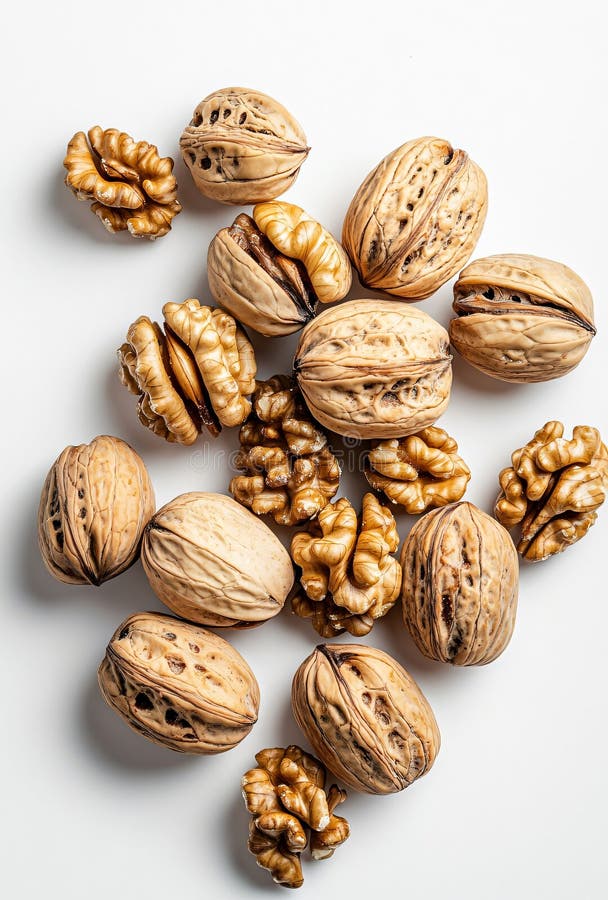 Walnuts Scattered on White Background Stock Illustration - Illustration ...